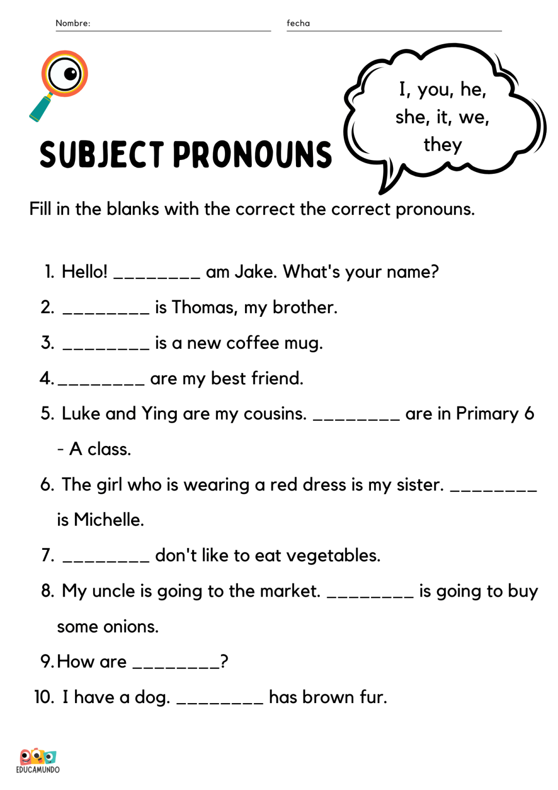 Pronombres personales en inglés ejercicios