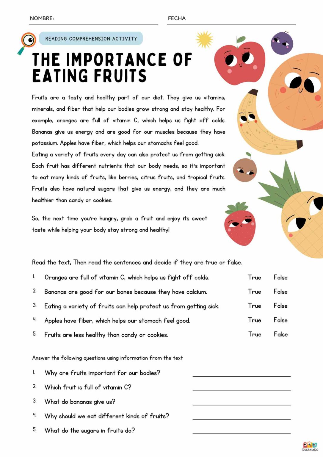 Fichas de Comprensión Lectora en Inglés: Las Frutas - EducaMundo