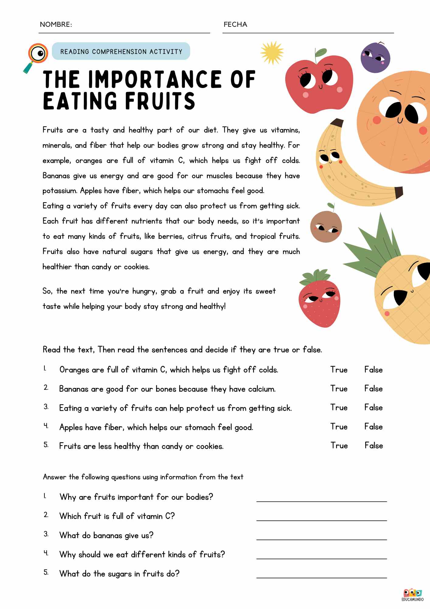 Fichas de Comprensión Lectora en Inglés: Las Frutas - EducaMundo